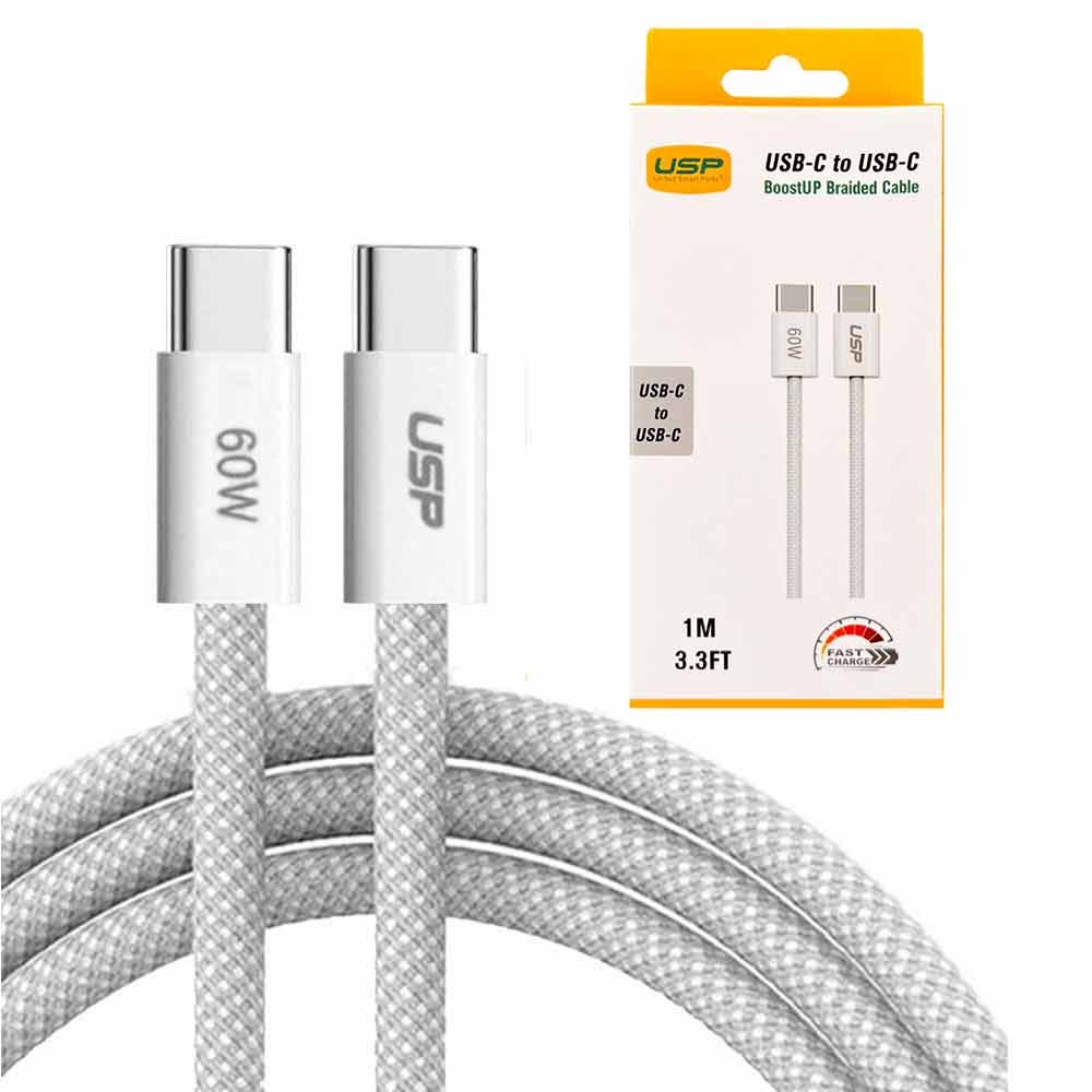 USP 1M Braided USB-C to USB-C PD 60W Fast Charge Cable White ...